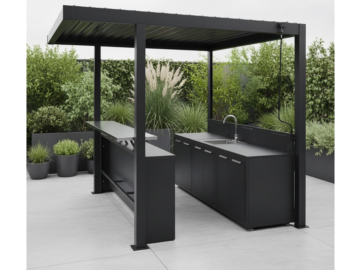 Cuisine d'extérieur Oxyana Hespéride avec pergola et évier