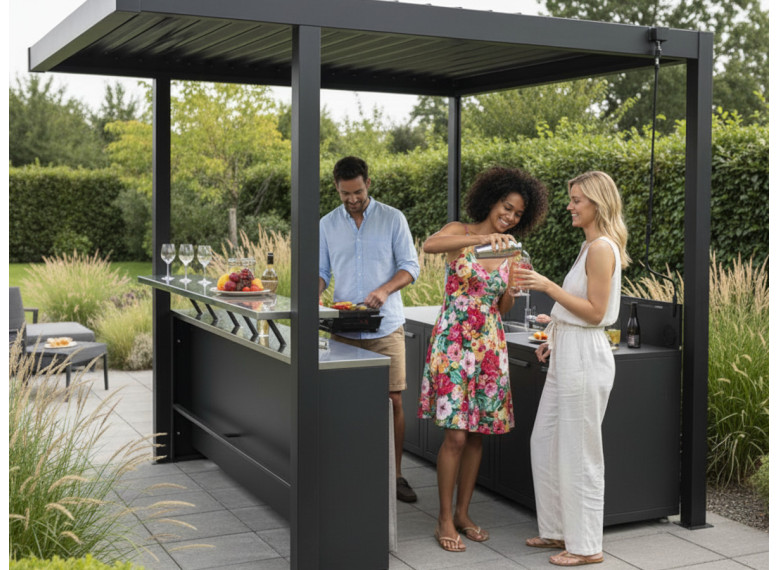 Cuisine d'extérieur Oxyana Hespéride avec pergola et évier