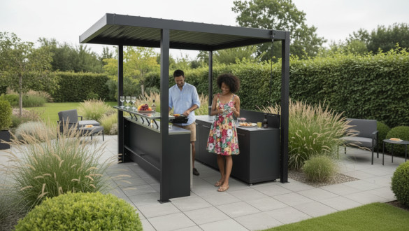 Cuisine d'extérieur Oxyana Hespéride avec pergola et évier